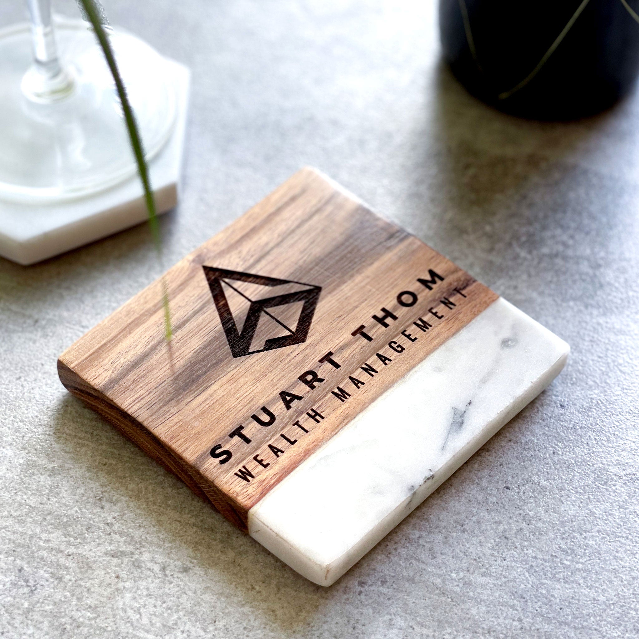Personalized Logo Coaster - Wood & White Marble Coaster – RusticFlitch