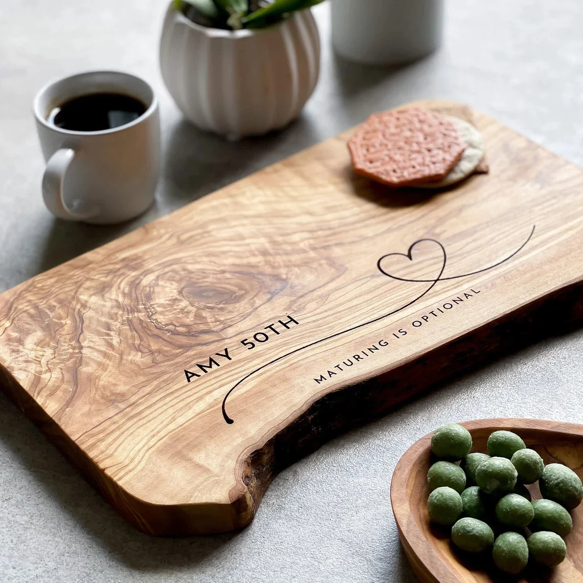 Personalized Live Edge Olive Wood Cheese/Chopping Board – RusticFlitch